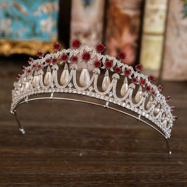 Queen Crown 80 CT Rose Cut Diamond & pearl & ruby Sterling Silver